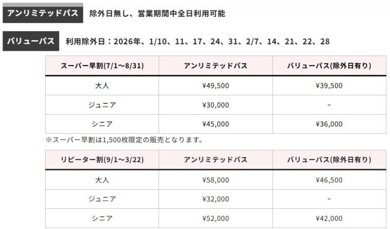 【2026年版】石打丸山スキー場 シーズン券 スーパー早割（1,500枚限定）大人49,500円、シニア45,000円、ジュニア30,000円 ...